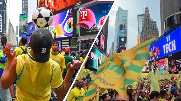 Brazil fans take over Times Square ahead of World Cup game vs. Morocco ...